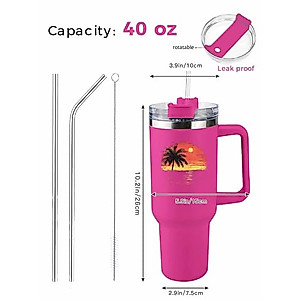 40 ounce insulated cup with handle, double-layer vacuum stainless steel material, equipped with straw, can keep warm or maintain cold drinks Dusk Sunset Palm Trees Sunset Bright pink