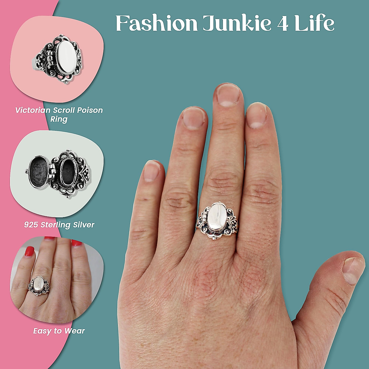 FashionJunkie4Life Victorian Scroll Poison Ring - 925 Sterling Silver, Sizes 6-10, Pillbox Ring (9)