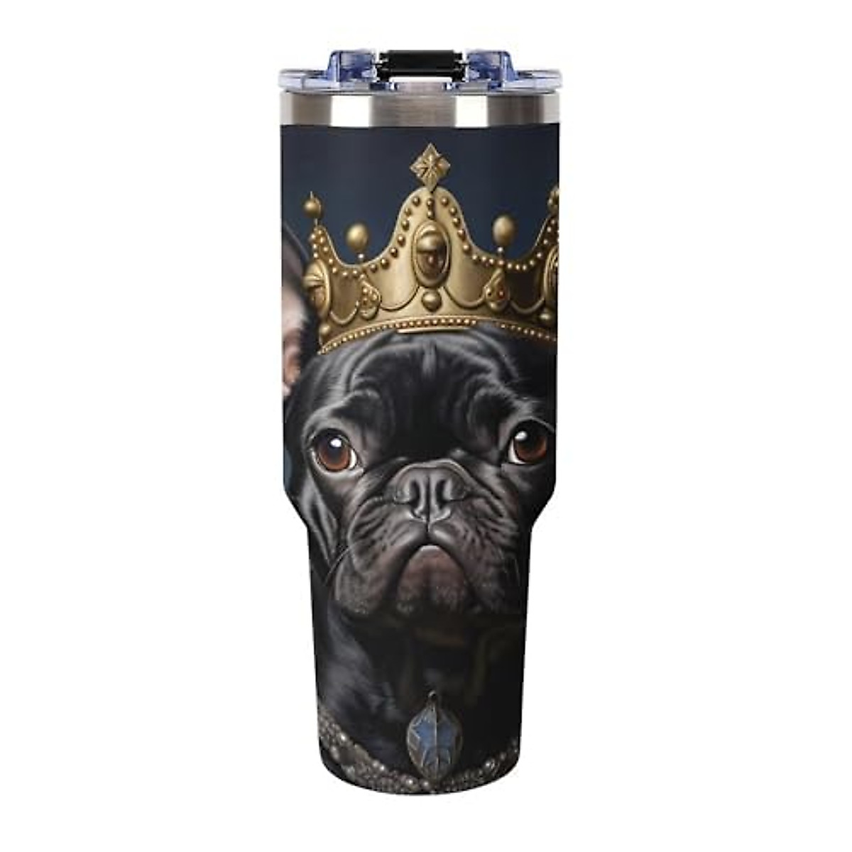 Funny French Bulldog Frenchie with A Golden Crowness 40 Oz Car Cup Stainless Steel Travel Mug Leak-Proof Insulated Tumbler with Handle Deep Blue-style