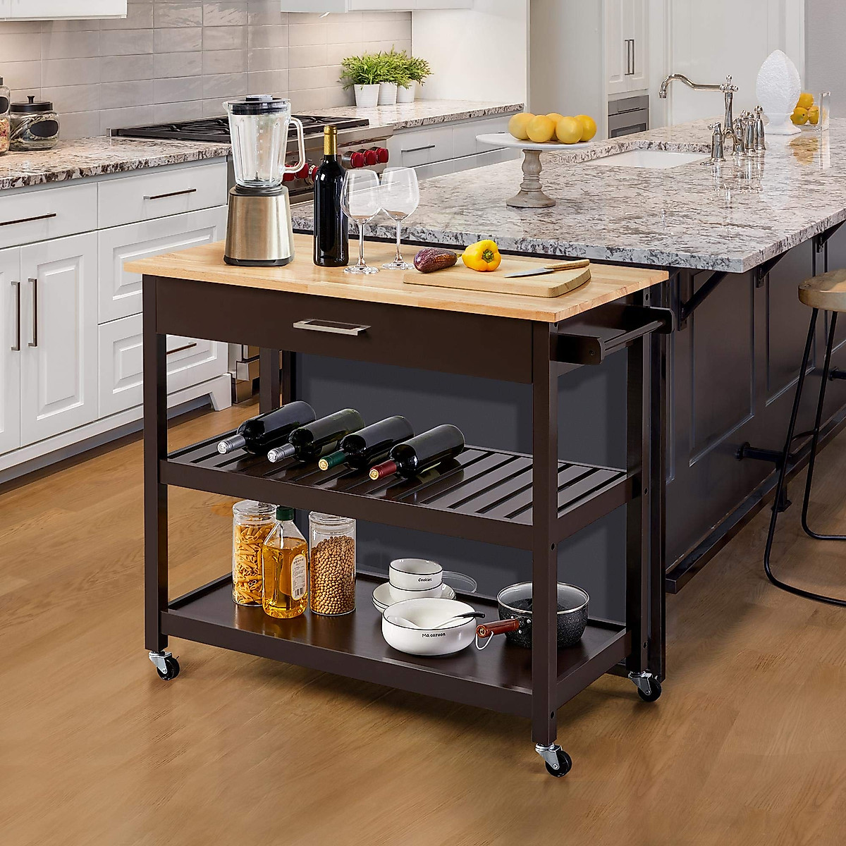Yaheetech Rolling Kitchen Island Cart, 3 Tiers Microwave Stand Cart Serving Cart on Wheels with Storage Drawer and Shelves 40’’ W Large Countertop, Espresso