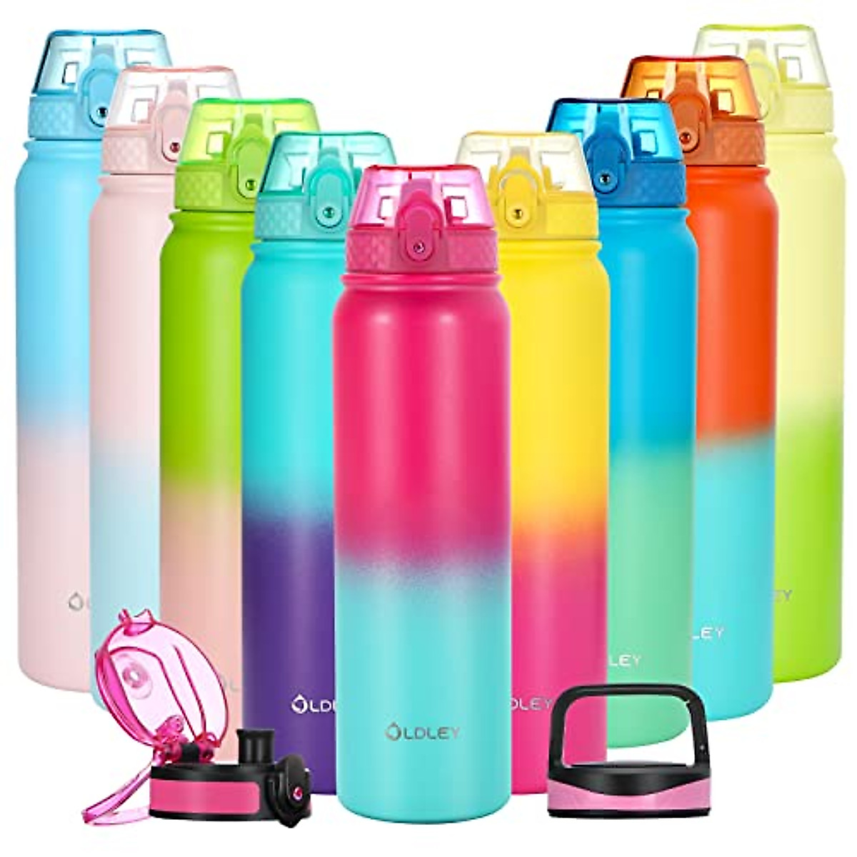 Oldley Insulated Water Bottle with Straw 32oz Stainless Steel Water Bottles with 3 lids Double-Wall Vacuum Thermal for Kids Adults School Sports,Ombre-Purple green