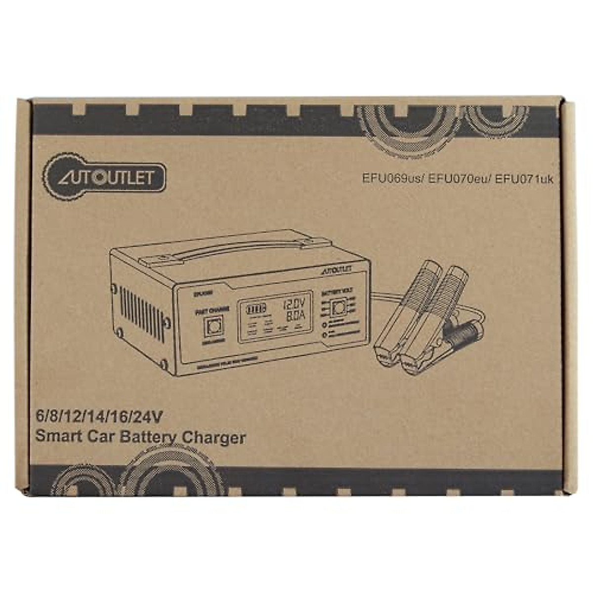 AUTOUTLET 6/8/12/14/16/24V Battery Charger Automotive Smart Car Battery Charger and Trickle Maintainer 0-10A Fully Automatic with Cable Clamps