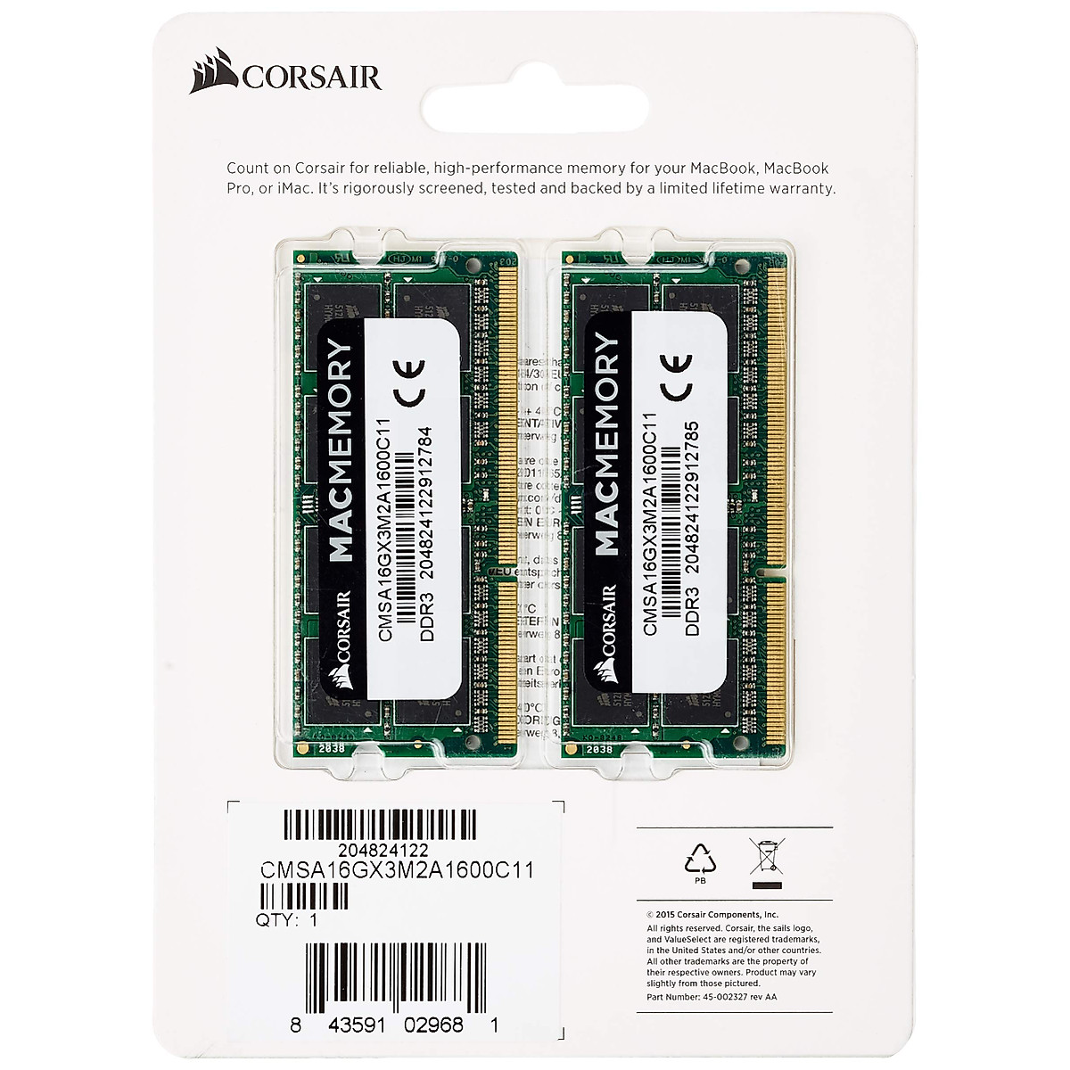 Corsair CMSA16GX3M2A1600C11 Apple Certified 16 GB (2x8 GB) DDR3 1600MHz (PC3 12800) Laptop Memory 1.35V