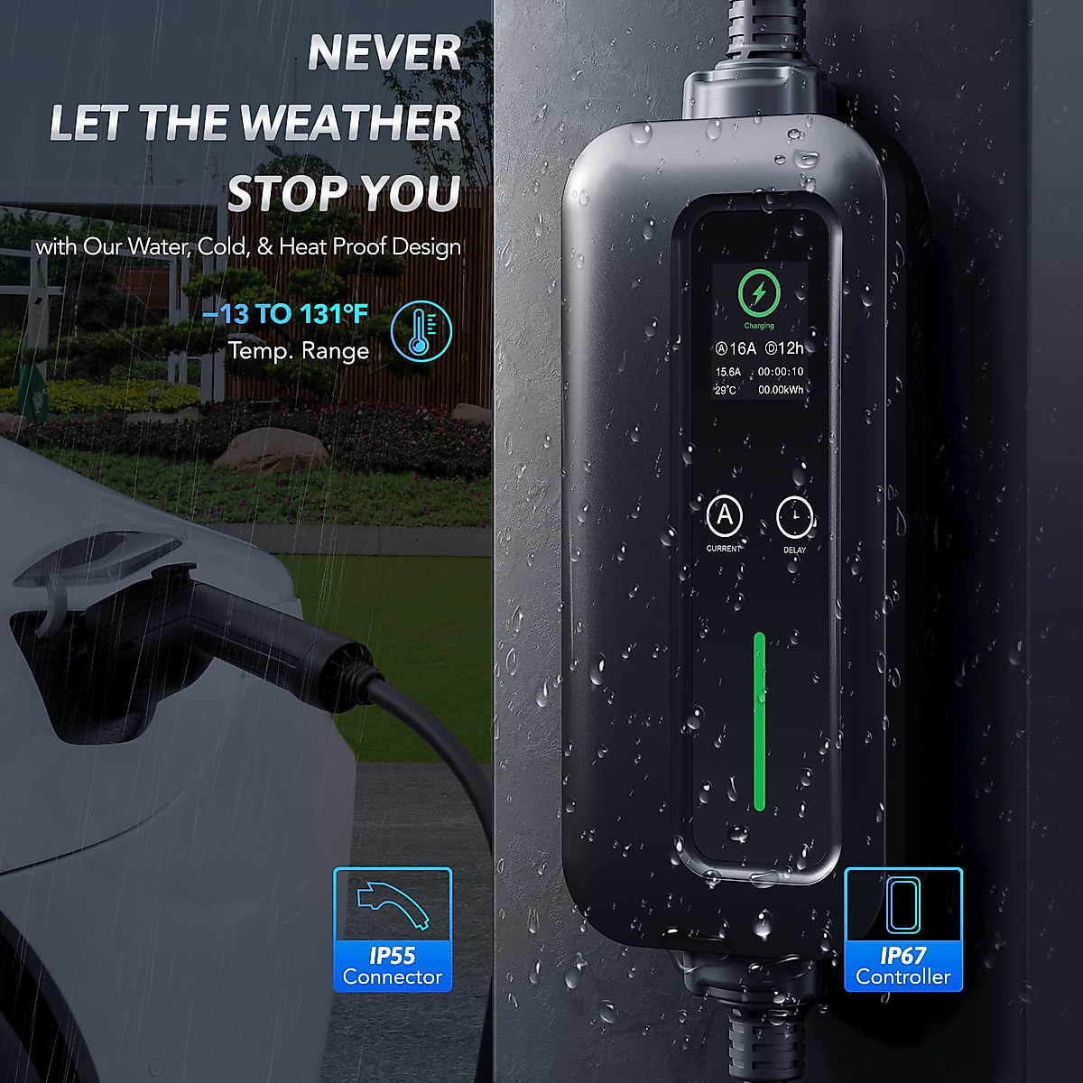 Level 2 & Level 1 EV Charger, 16Amp 110-240V Portable J1772 Electric Car Charger with NEMA 6-20 & NEMA 5-15 Adapter, Plug-in EV Charging Station with Adjustable Amp Delayed Timer 25ft Long Cord, Black