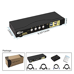 CKLau 4 Port KVM HDMI Switch with Digital Audio Output, All Input Cables and 2 USB 3.0 Hub, 4x1 HDMI KVM Switch USB 3.0 Supports Hotkey Switching, 4K@60Hz, 2K@144Hz, EDID