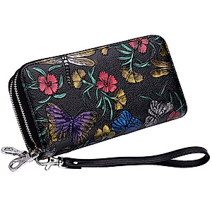 GENTFOX Women's Wallet RFID Blocking Leather Double Zipper Cellphone Wallet Long Purse with Removable Wrist Strap