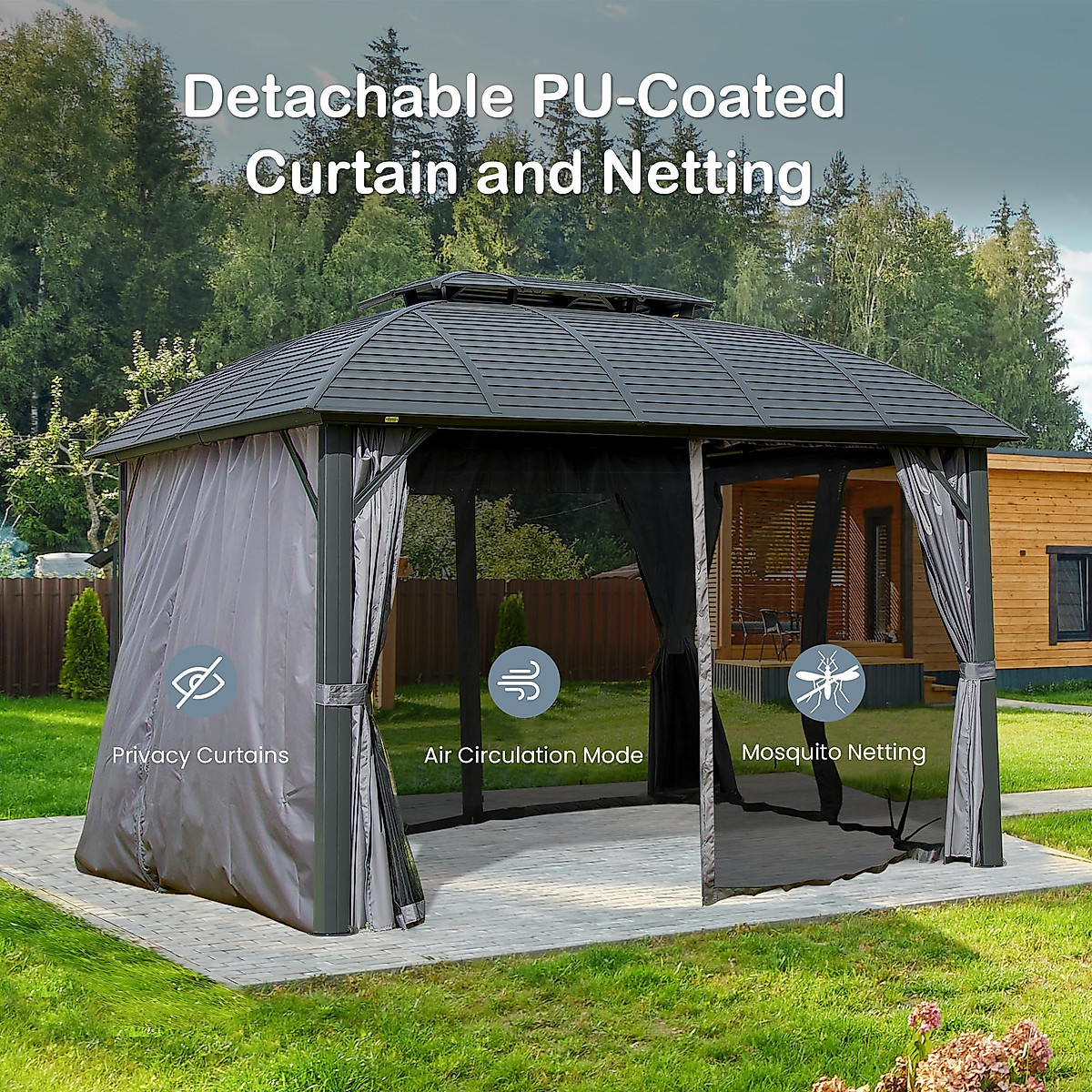 10' x 12' Hardtop Gazebo Outdoor Aluminum Gazebo Arc Grill for Patios Deck Backyard,Galvanized Steel Double Roof,Curtain&Netting by domi outdoor living