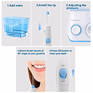 TUREWELL Water Flossing Oral Irrigator, 600ML Dental Water Teeth Cleaner 10 Adjustable Pressure, Electric Dental Oral Flosser for Teeth/Braces, 8 Water Jet Tips for Family (White)