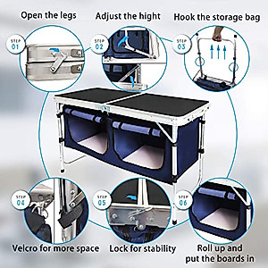 HYMnature Folding Camping Table with Storage Compartment Aluminum Lightweight Camp Kitchen Table Height Adjustable Indoor/Outdoor Table Perfect for Tailgating, Backyards, BBQ,Picnic, Black