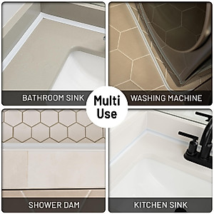 118 Inch Collapsible Shower Threshold Water Dam Adhesive Silicone 0.47 High Shower Dam Water Stopper Barrier For Bathroom Kitchen Splash Guard Edge Trim Strip For Dry and Wet Separation (White)