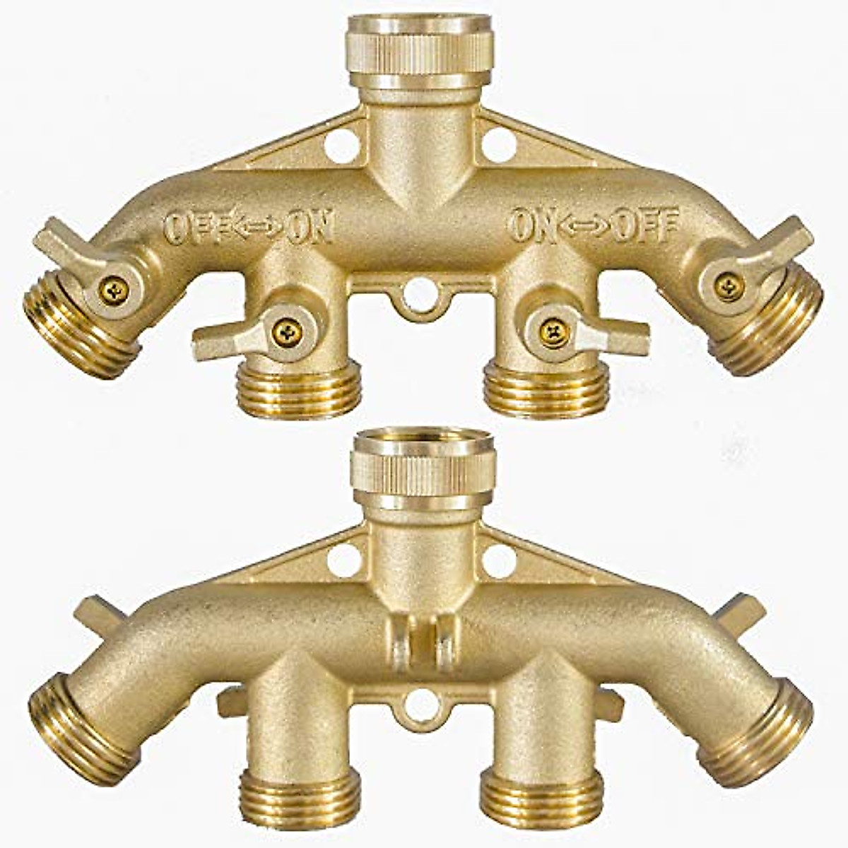 Hourleey Brass Garden Hose Splitter (4 Way), Solid Brass Hose Connector 3/4", Hose Spigot Adapter 4 Valves with 4 Extra Rubber Washers