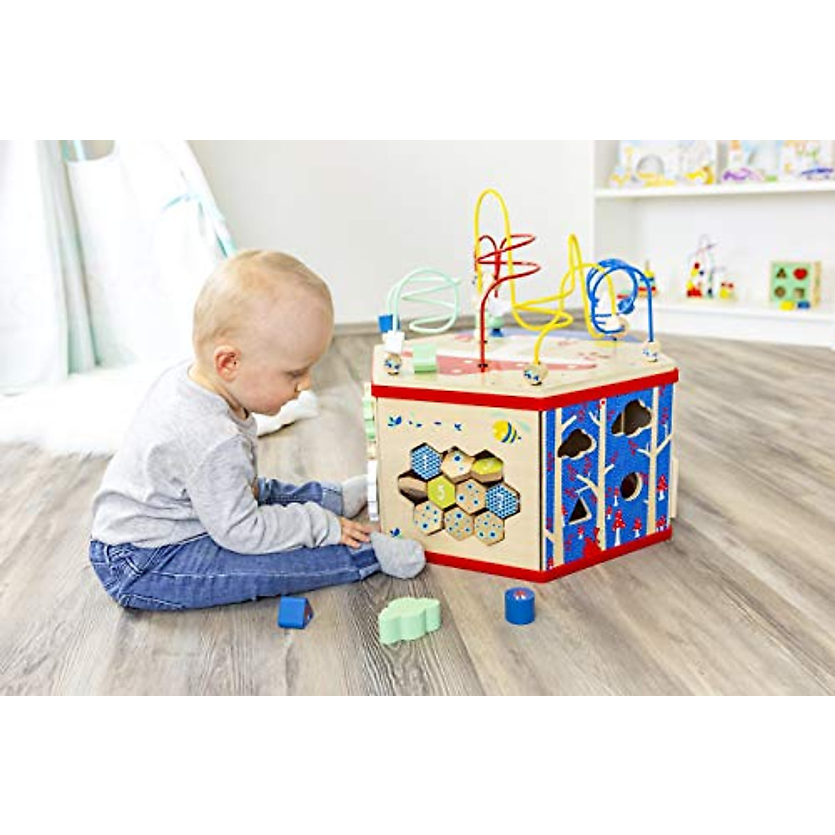 Wooden Activity Cube XL Size by Small Foot – Classic 7-Sided Interactive Toy with Bead Maze, Puzzle, Shape Sorter, Clock & Wheels - Develops Kids Dexterity, Motor Skills – Age 12+ months
