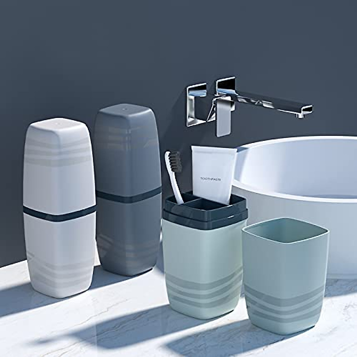 Portable Travel Toothbrush Case, 3 in 1 Toothpaste Holder with Cover, Multi-Functional Wash Cup Container for Traveling, Camping, School, Business Trip (Powder Blue)