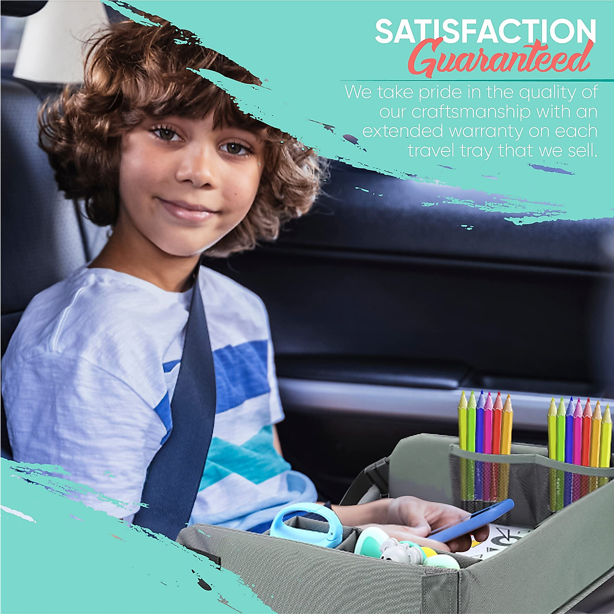 Kids Travel Tray - Car Seat Tray or Table as Road Trip Essentials – Children Kids Lap Desk as Travel Accessories for Toddler Airplane Travel Activity, Snack with Storage Pockets & Dry Erase Board