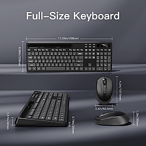 Wireless Keyboard and Mouse Combo, Soueto 2.4G Full-Sized Computer Keyboard with Phone Tablet Holder, 22 Multimedia Shortcuts, Numeric Keypad, 6 Button Silent Mouse for Windows, Mac (Space Black)