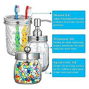 kuangMEIX Mason Jar Bathroom Accessories Lids Set(4Pcs),Jars Not Included Foaming Soap Dispenser & 2 Apothecary Jars & Toothbrush Holder for Regular Mouth Rustic Farmhouse Decor Bathroom Countertop