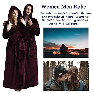Hellomamma Long Hooded Robe for Women Luxurious Flannel Fleece Full Length Bathrobe Winter Warm Pajamas Shower Nightgown Wine Red X-Large