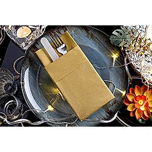 Gold Dinner Napkins Cloth Like with Built-in Flatware Pocket, Linen-Feel Absorbent Disposable Paper Hand Napkins for Kitchen, Bathroom, Parties, Weddings, Dinners or Events, Pack of 50