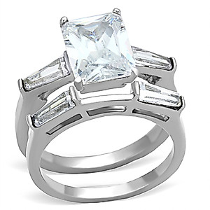 Marimor Jewelry 4.45 Carat Emerald Cut Zirconia Stainless Steel Engagement Wedding Ring Set Size 5