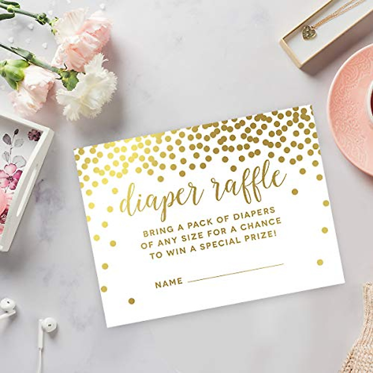 Andaz Press Metallic Gold Confetti Polka Dots Party Collection, Baby Shower Diaper Raffle Cards, 30-pack