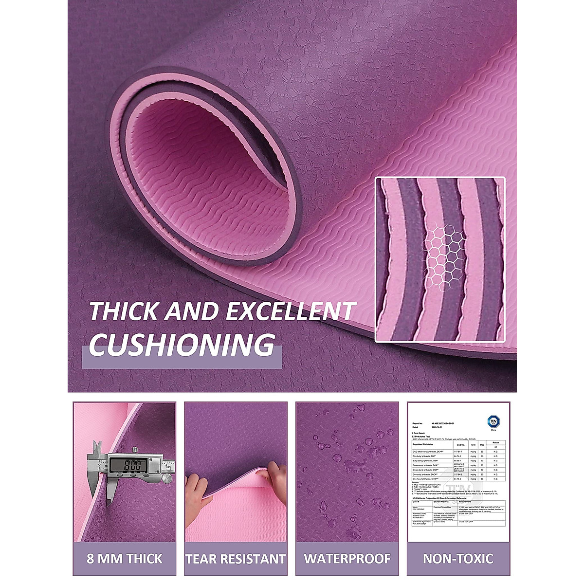 innhom Women 1/3 inch Thick Yoga Mat for Men Exercise Mat Workout Mat for Yoga Pilates Home Gym Non Slip with Carrying Strap, Dark Purple/Pink