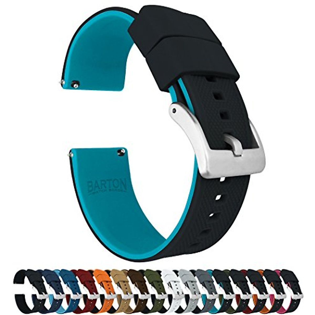 BARTON WATCH BANDS Quick Release Elite Silicone Watch Bands, Black Top/Aqua Blue Bottom, 20mm