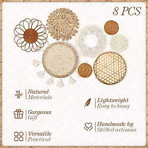 Set of 8 Boho Wall Basket Decor Flat Woven Basket Wall Decor Set Rattan Wall Decor Round Bamboo Hanging Wall Basket Macrame Tassels Wall Tapestry Boho Basket Wall Art for Bedroom Living Room Nursery