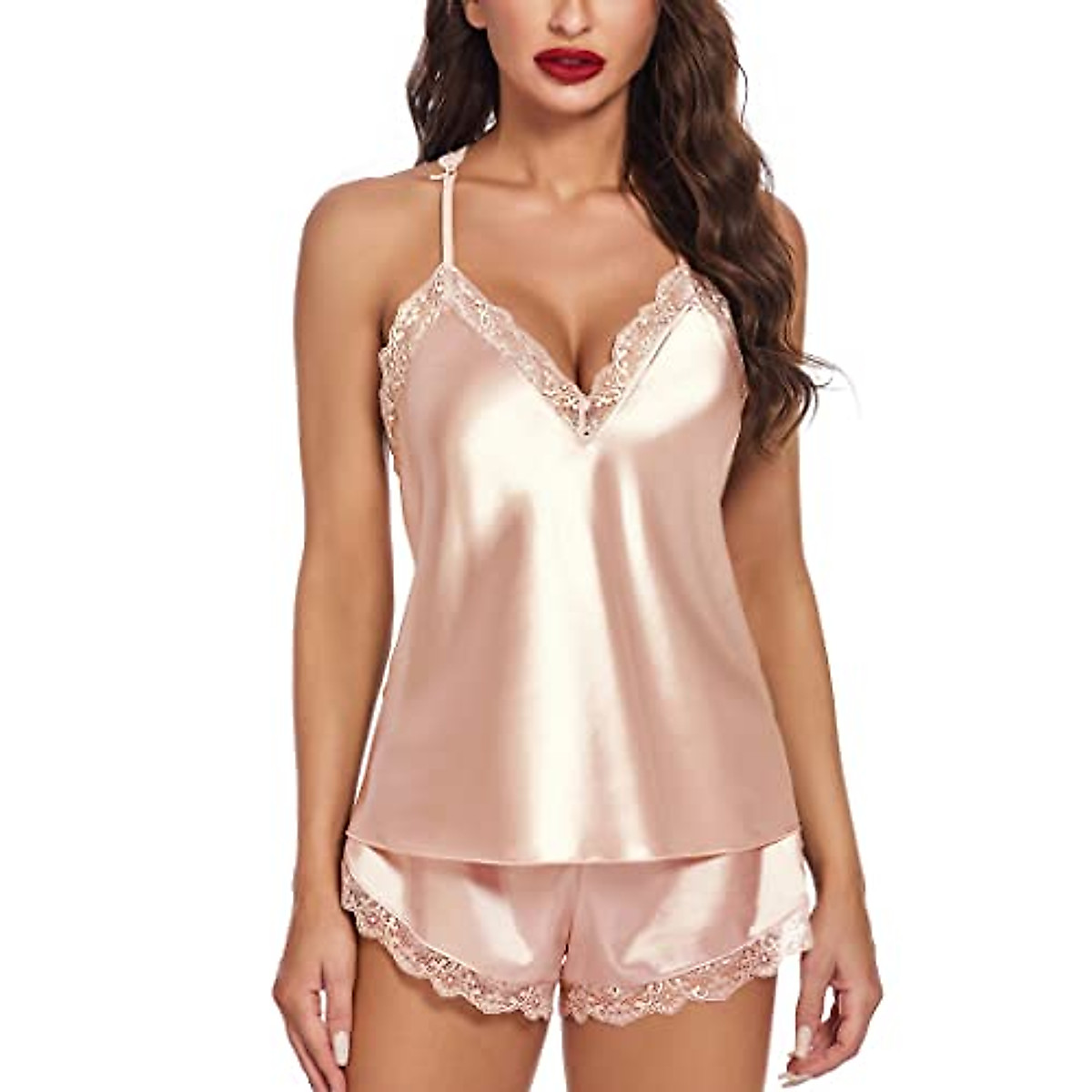 Avidlove Women's Sexy Silk Satin Pajamas Sets Lace Trim Cami Tops Shorts Sleepwear Champagne Medium