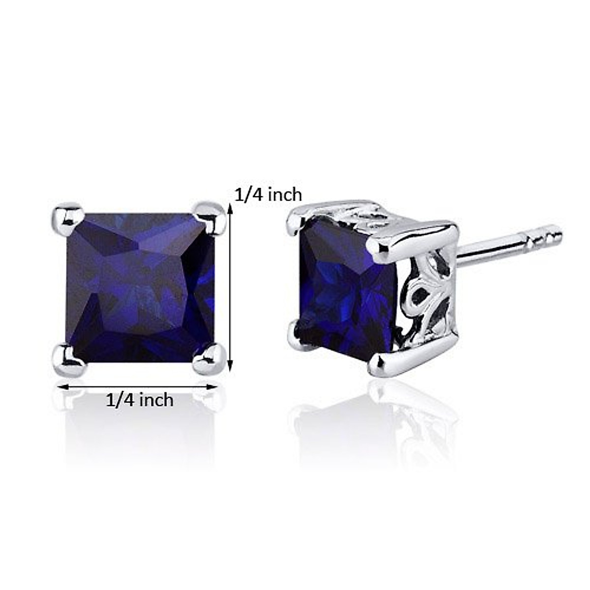 Peora Created Blue Sapphire Stud Earrings 925 Sterling Silver, Solitaire Scroll Gallery, 2.50 Carats Total Princess Cut 6mm, Friction Backs