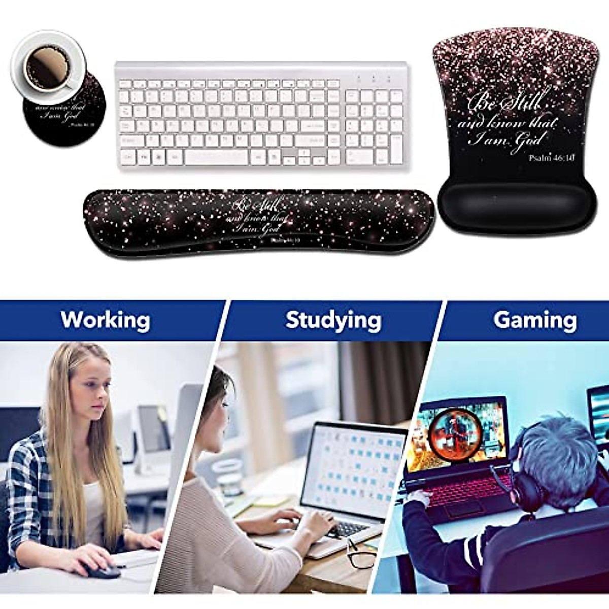 Keyboard Wrist Rest and Mouse Pad with Wrist Support, Ergonomic Gel Mouse Pad and Coaster, for Easy Typing Pain Relief, Memory Foam Keyboard Wrist Rest,Psalm 46-10 Rose Gold Glitter Black Mousepads
