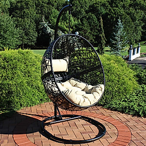 Sunnydaze Jackson Resin Wicker Hanging Egg Chair with Steel Stand - 265-Pound Weight Capacity - Includes Beige Cushions