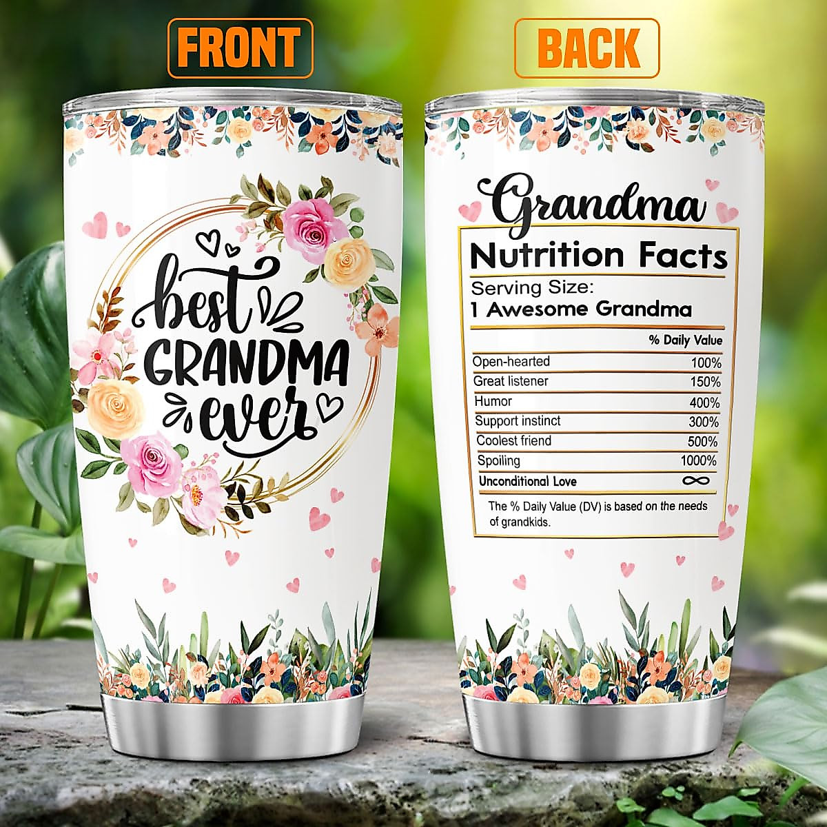 JENOIS Grandma Gifts, Tumbler 20 Oz With Lid And Straw, Coffee Flower Tumblers Granny Floral Cups Water Nana Handle Cup, Grandma Nutrition Facts