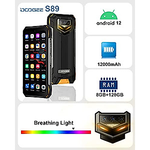 DOOGEE S89 Rugged Smartphone(2022), 12000mAh Massive Battery Android 12 Rugged Phone Unlocked, 33W Fast Charging, 8GB+128GB IP68 Waterproof Cellphone, Night Vision, Breathing Light, NFC, Dual 4G
