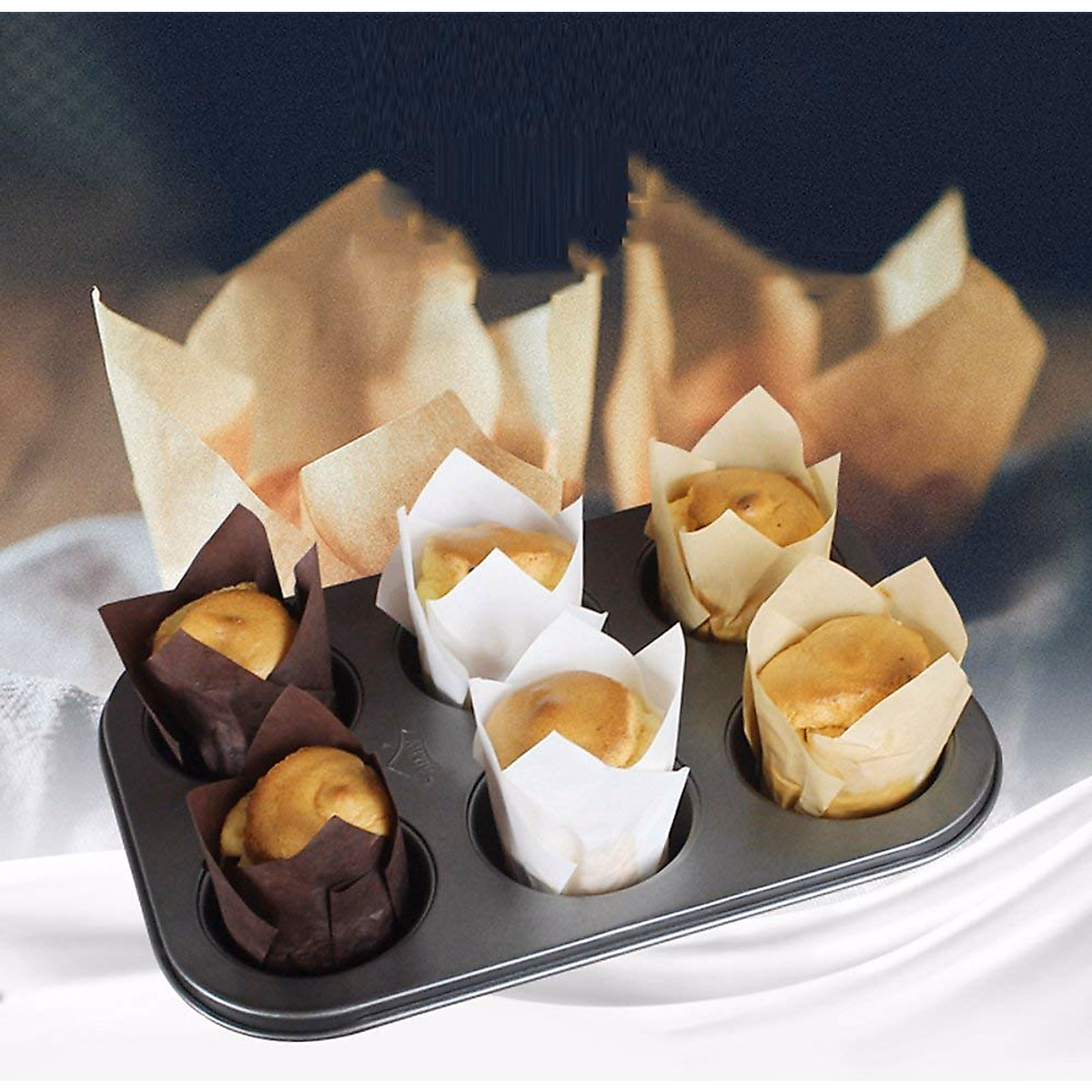 150 Pieces Tulip Baking Paper Cups, Cupcake Muffin Liners Wrappers, Baking Cups Muffin Tins Treat Cups for Weddings, Birthdays, Baby Showers,- 2.5inch (Brown, Natural and White)