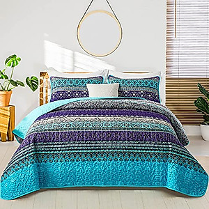 WONGS BEDDING Boho Quilt Set California King, Purple Bohemian Striped Pattern Printed Quilt Coverlet, Lightweight Microfiber Bed Decor Bedspread for All Season 106"x96"(3 Pieces, Cal King)