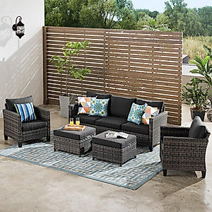 ovios Patio Furniture Set, 5 Pieces Outdoor Wicker Rattan Sofa Couch with Chairs, Ottomans and Comfy Cushions, All Weather High Back Conversation Set Garden Backyard, Black