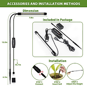 WeeLeeGoo Grow Light 2 Pack, 6000K Full Spectrum Gooseneck Growing Lamp for Indoor Pot Plants Bonsai/Plant/Houseplants, Dimmable & Auto Timer 4 8 12H
