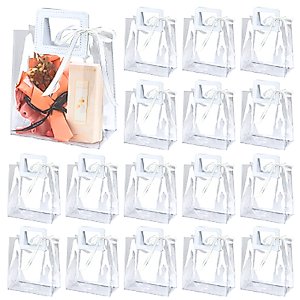 CZWESTC 16 Pack 7 x 8 x 4 Clear Plastic Gift Bags with Handle,Reusable Transparent PVC Plastic Gift Wrap Tote Bag Heavy Duty Gift Wrap Bags (White)