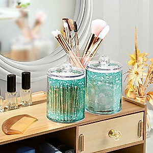 Turquoise Aqua Glitter Qtip Holder Dispenser Teal Cyan Water Bathroom Canister Storage Organization 4 Pack Clear Plastic Apothecary Jars with Lids Vanity Makeup Organizer For Cotton Ball Swab Floss