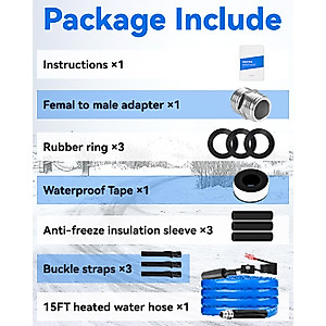 YIZBAP 15FT RV Heated Drinking Water Hose for 5/8" Inner Diameter, Freeze Protection Down to -20°F/-28°C with Energy Saving Thermostat, Includes 3/4" Adapter