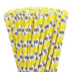 Whaline 200Pcs Bumble Bee Paper Straws Summer Honey Bee Yellow White Disposable Straws Stripe Patterned Drinking Well Crafted Straws for Juices Shakes Cocktail Baby Shower Wedding Decor Event Supplies