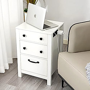 Nightstand with Charging Station, End Table, Side Table with 3 Storage Drawers for Small Space, Flip Top Bedside Table with USB Ports and Outlets for Bedroom, Living Room, Easy Assembly, White