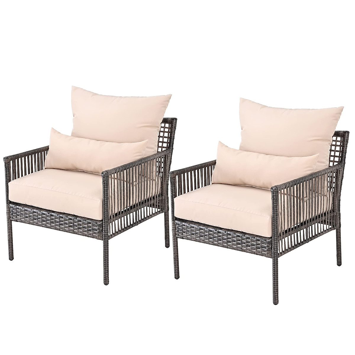 LOKATSE HOME 2 Piece Patio Dining Club Chairs Wicker Rattan Furniture Thick Cushion Seat, Beige