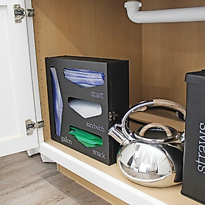 AuldHome Design Enamelware Kitchen Bag Organizer (Black), Farmhouse Style Holder Compatible w/Zipper Seal Kitchen Storage