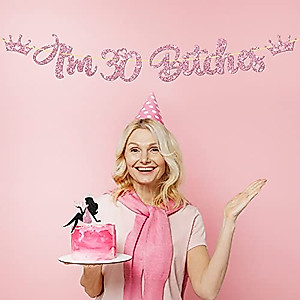 I'm 30 Bitches Banner Set, Sexy Girl Dirty 30 Cake Topper, Pink Glitter Happy 30th Birthday Cake Topper & Banner Party Decoration, 2Pcs
