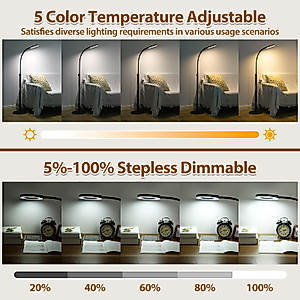 5X Magnifying Glass with Light and Stand, Krstlv 24" Flexible Gooseneck Magnifying Floor Lamp, 3-in-1 LED 5 Color Modes Stepless Dimmable Lighted Magnifier Hands Free for Close Work, Hobby, Esthetican