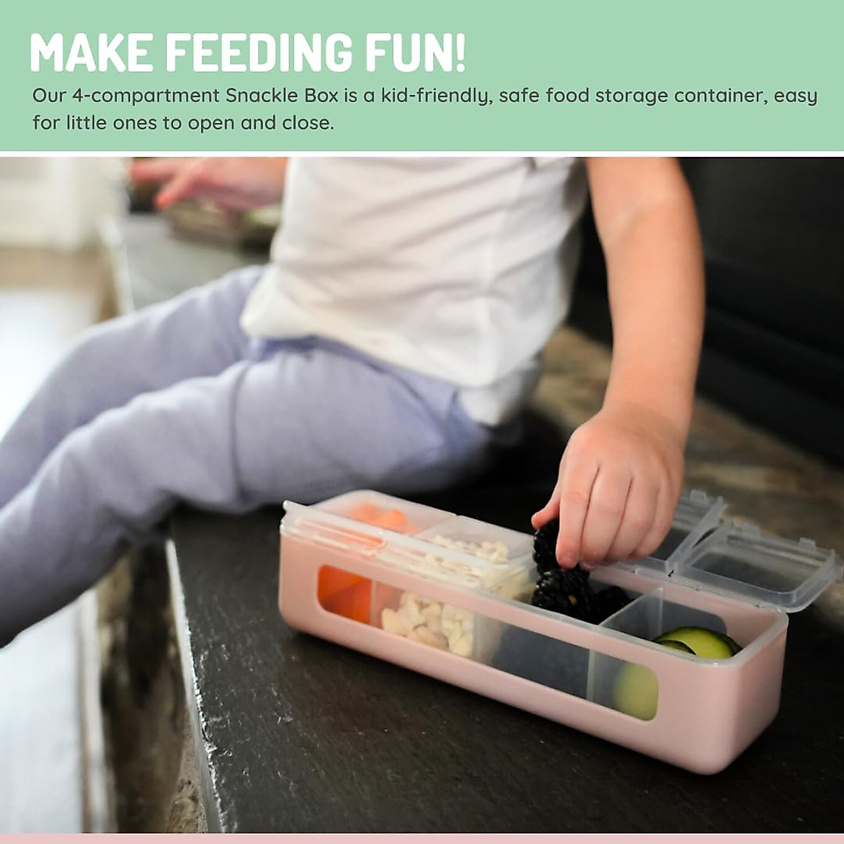 melii Snackle Box – 4 Separate Compartments with Lids, Divided Snack Container, Food Storage for Kids and Adults, Arts & Crafts, Beads, BPA-Free, Pink