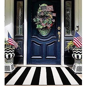 EARTHALL Black and White Striped Rug 27.5 x 43 Inches Cotton Hand-Woven Reversible Foldable Washable Black and White Outdoor Rug Stripe for Layered Door Mats Porch/Front Door Black Rug