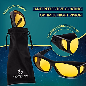 Optix 55 Fit Over HD Day/Night Driving Glasses Wraparound Sunglasses for Men, Women - Anti Glare Polarized Wraparounds (Night Vision Black)