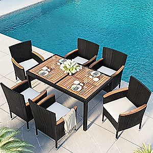 7 Pieces Outdoor Dining Set, Wicker Patio Dining Set for 6, All-Wheather Outdoor Table and Chairs with Acacia Wood Table Top and Cushions for Backyard, Garden, Poolside (Black)